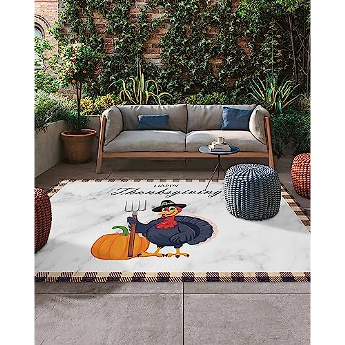 Thanksgiving Turkey and Pumpkin Outdoor Patio Rug for Deck,Picnic,Porch,Balcony 6x9ft Water Absorb Non Skid Area Rugs,Washable Camping RV Carpet Mats White Grey Marble Texture