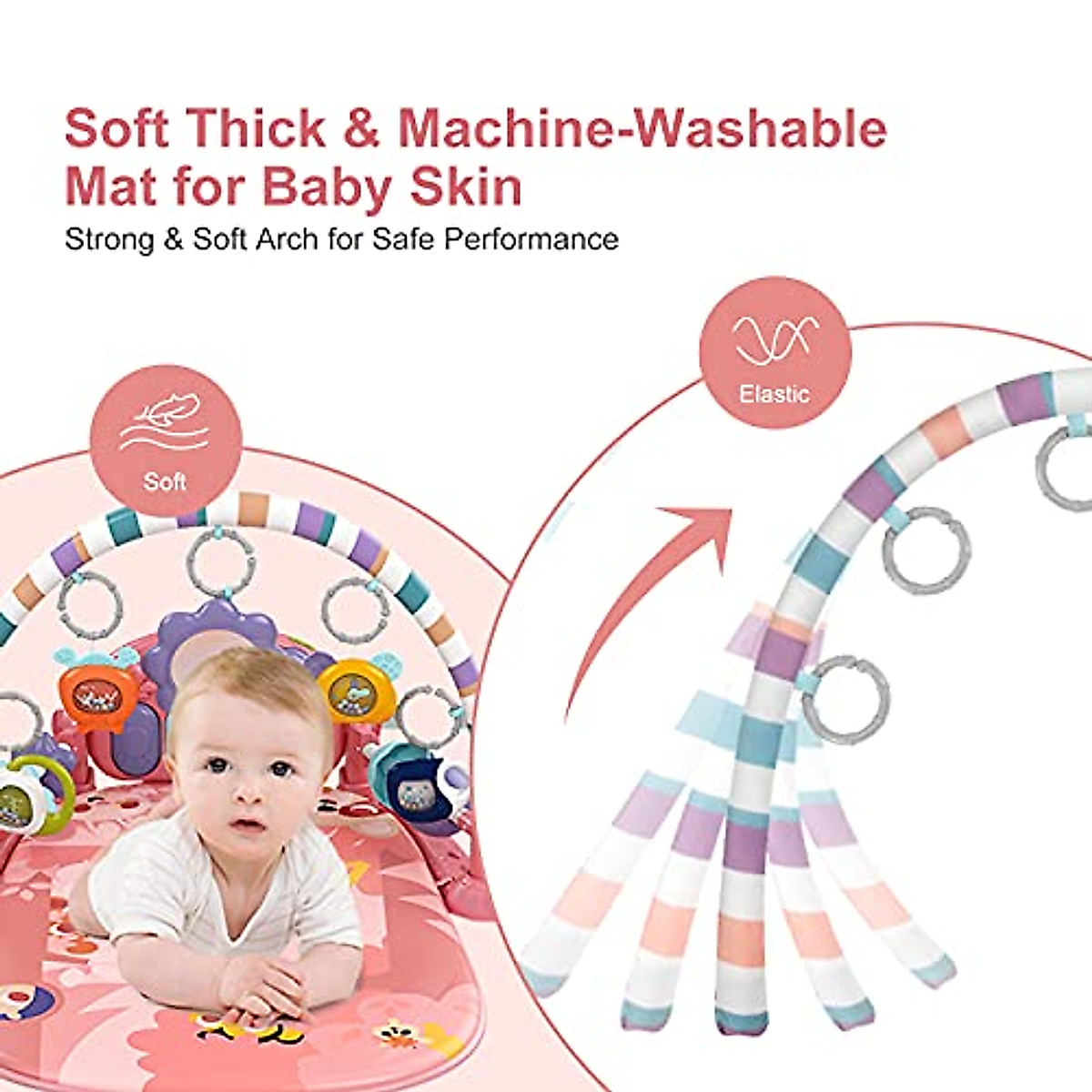 Baby Play Mat Baby Gym,Funny Play Piano Tummy Time Baby Activity Gym Mat with 5 Infant Learning Sensory Baby Toys, Music and Lights Boy & Girl Gifts for Newborn Baby 0 to 3 6 9 12 Months (Pink)