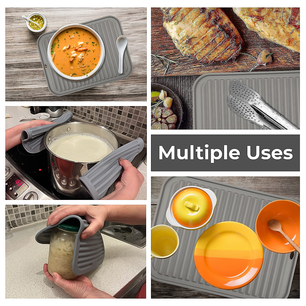 Silicone Trivets for Hot Pots and Pans (4 Pack) - Multipurpose Silicone Trivets for Hot Dishes and Hot Pot Holders (9 x 12 inch) - Silicone Heat Resistant Mats for Kitchen by Linda's Essentials (Grey)