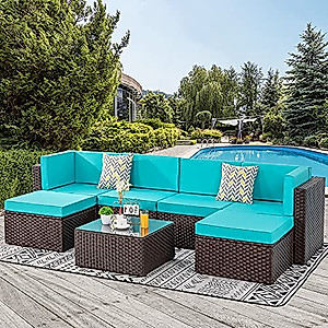 Walsunny 7 Pieces Patio Outdoor Brown Rattan Furniture Conversation Sets, All Weather Sectional Sofa Manual Weaving Wicker with Washable Couch Cushion & Tea Table (Blue)
