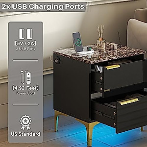 Wuden LED Nightstand with Charging Station,Vintage Faux Marble High Gloss Bedside Table with 2 Drawers,Stylish End Table with LED Lights for Bedroom and Living Room,Easy Assembly,Black