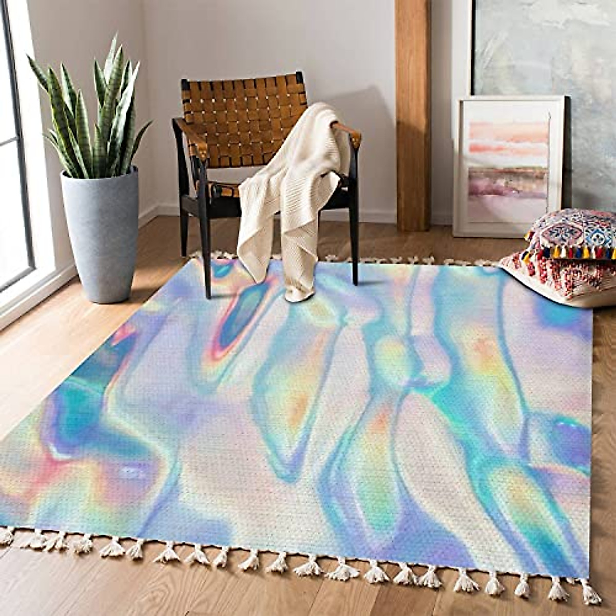 Boho Rug Holographic Foil Texture Abstract Soft Pastel Iridescent Background Area Rug Carpet Patio Rug Hallway Runner Rug Mat Pad Minimalist Home Decor for Living Room Bedroom Indoor Outdoor