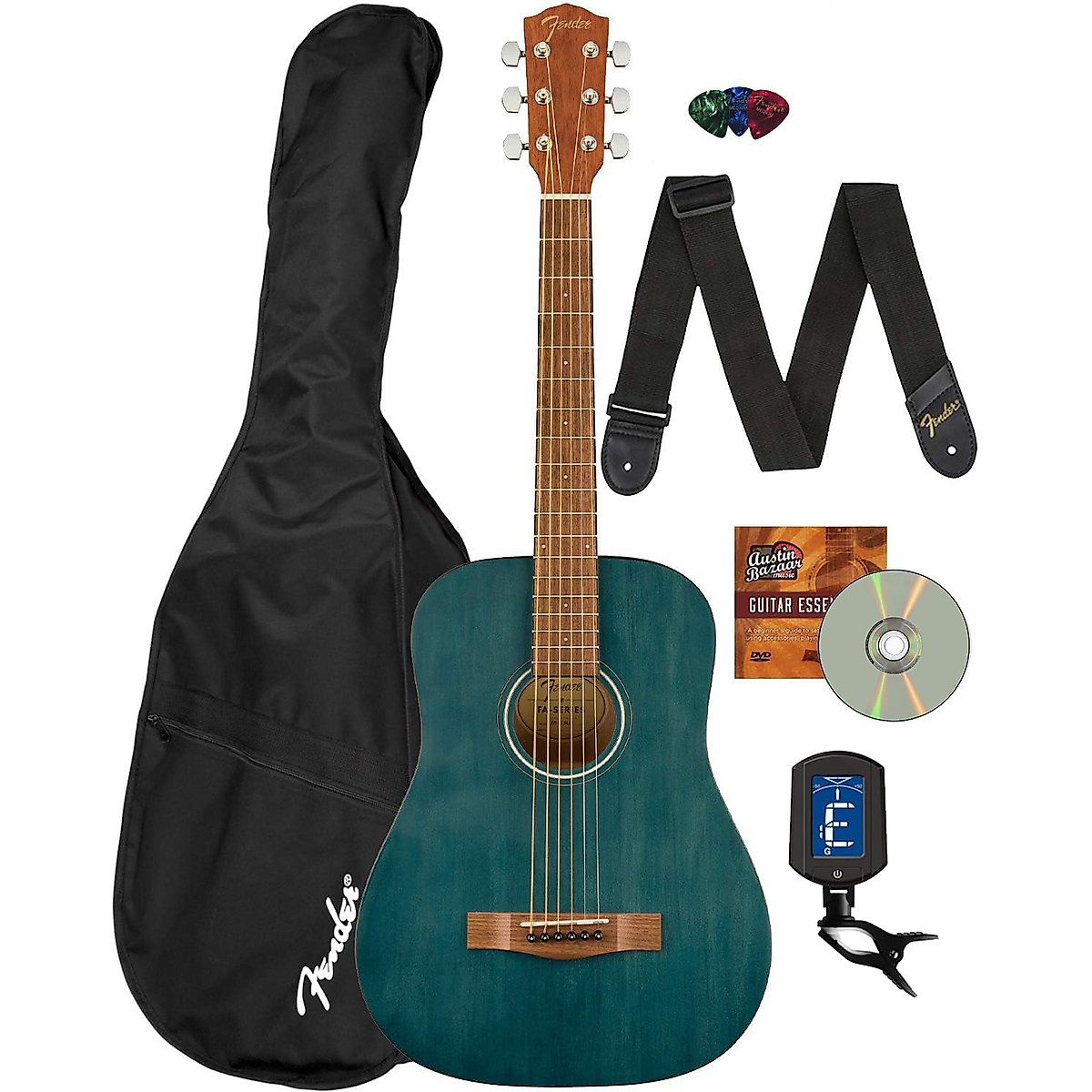 Fender FA-15 3/4-Scale Kids Steel String Acoustic Guitar - Blue Learn-to-Play Bundle with Gig Bag, Strap, Picks, Fender Play Online Lessons, and Austin Bazaar Instructional DVD