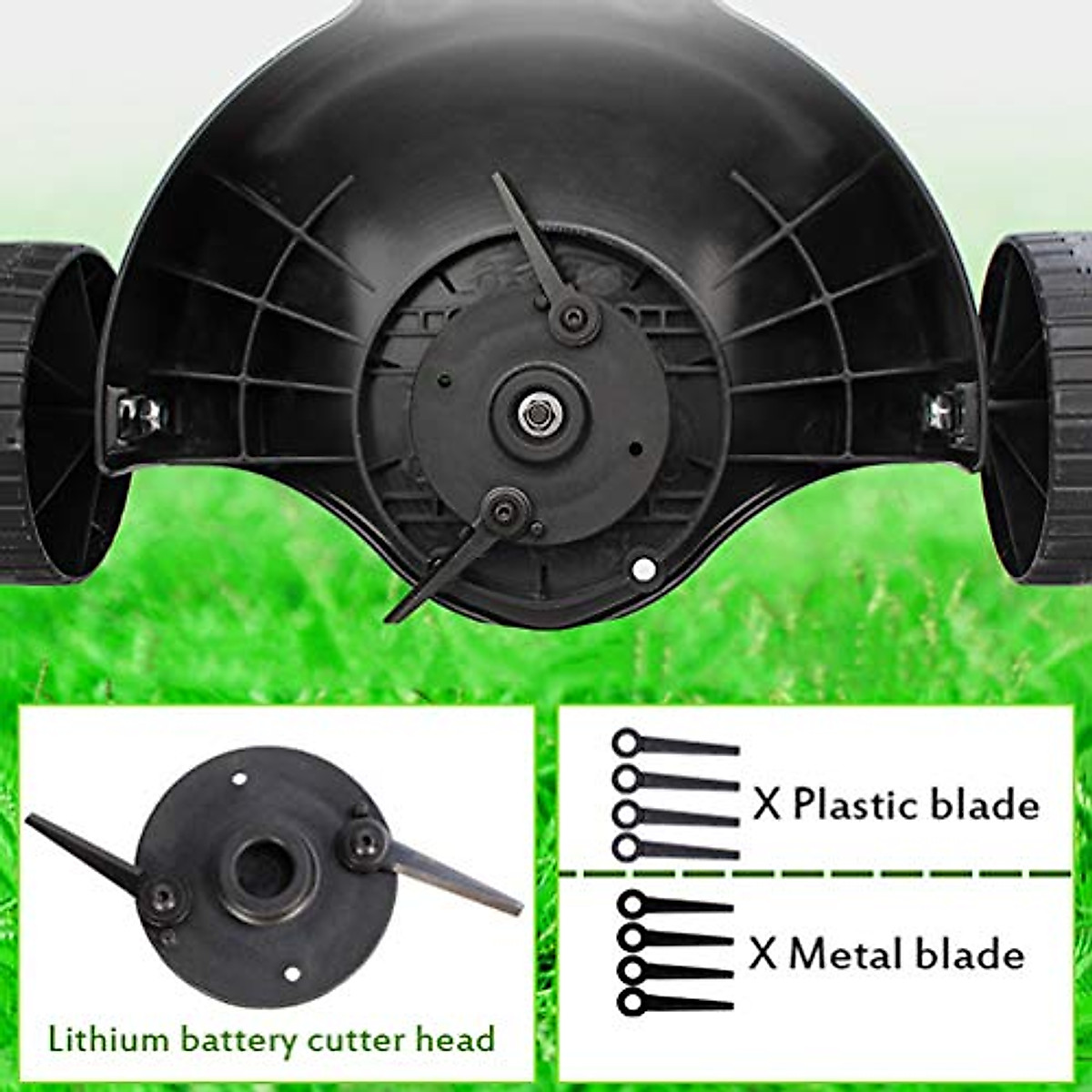 Electric Grass Trimmer , Cordless Lawn Mower with Wheel , 23cm Cutting Width（2 Lithium-Ion Battery & Quick Charger） Green