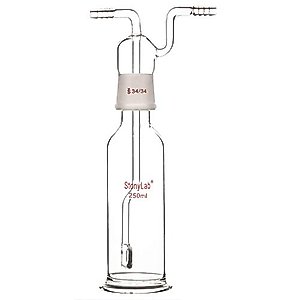 stonylab Gas Washing Bottle, Borosilicate Glass 34/34 Stopper Gas Bubbler Gas Washing Bottle with Fritted Disc and 8 mm OD Inlet/Outlet Hoses, 250 ml