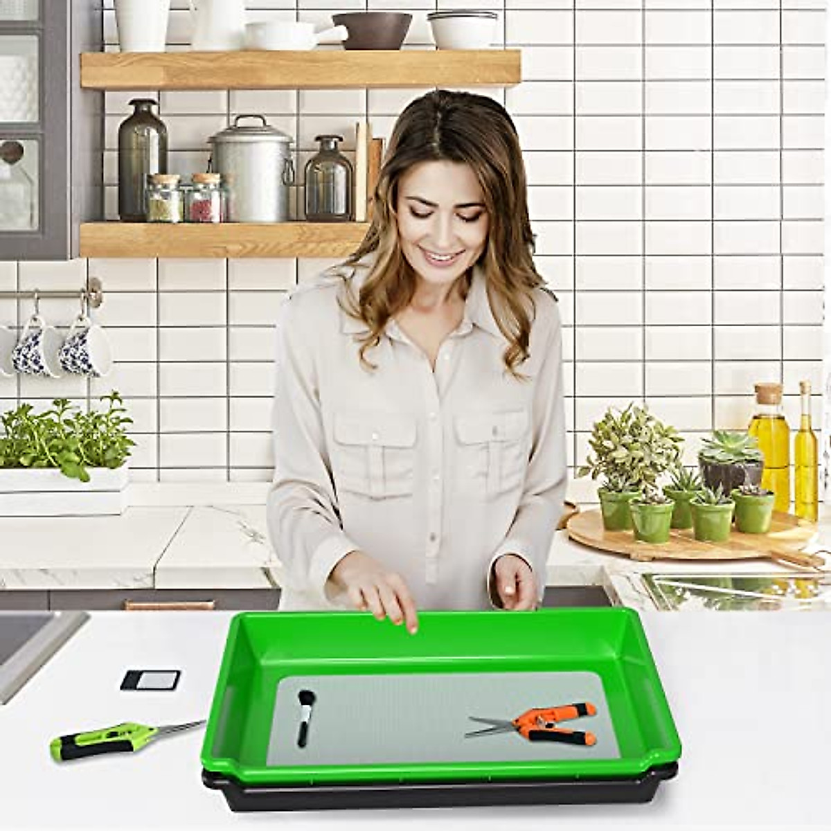 FuturHydro Trimming Tray 150 Micron Screen Keef Pollen & Herb Dry Sifter Tray with 2 Trimming Scissors Harvest Accessories (Green)