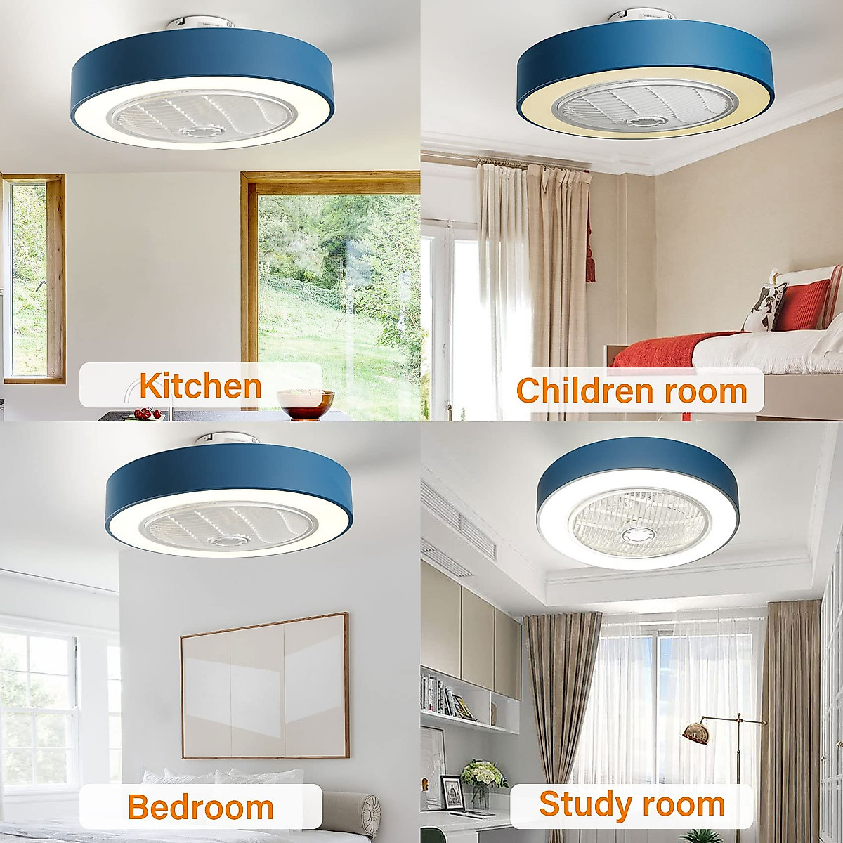 TC-Home Ceiling Fan with LED Light Invisible Blades 22 inches Morden Blue Lighting Color Changing Close to Ceiling Chandelier Fan
