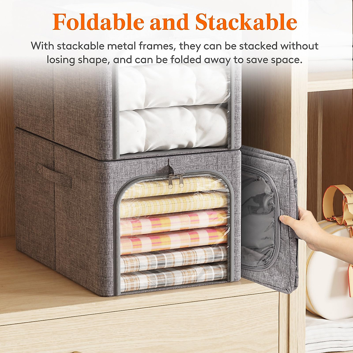 Lifewit 6 Pack Clothes Storage Bins with Metal Frame, Foldable Clothing Storage Bins with Lids, 40L Stackable Storage Box Storage Bags Fabric Bins Organizer with Clear Window＆ Zippers＆ Sturdy Handles