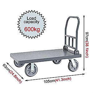 Generic Hand cart with Folding Steel Platform,Push cart Foldable Heavy Duty, Non-Slip Surface, Maximum Load 600 kg with 4 Wheels (Size : 105 * 63 * 97CM)