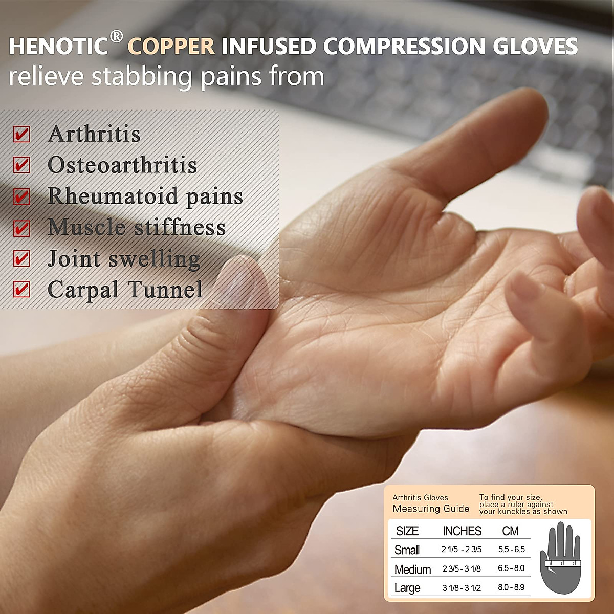 HENOTIC Copper Arthritis Gloves for Women Men, Fingerless Breathable & Moisture Wicking Arthritis Compression Gloves for Relieving Carpal Tunnel Aches, Rheumatoid Pains, Joint Swell