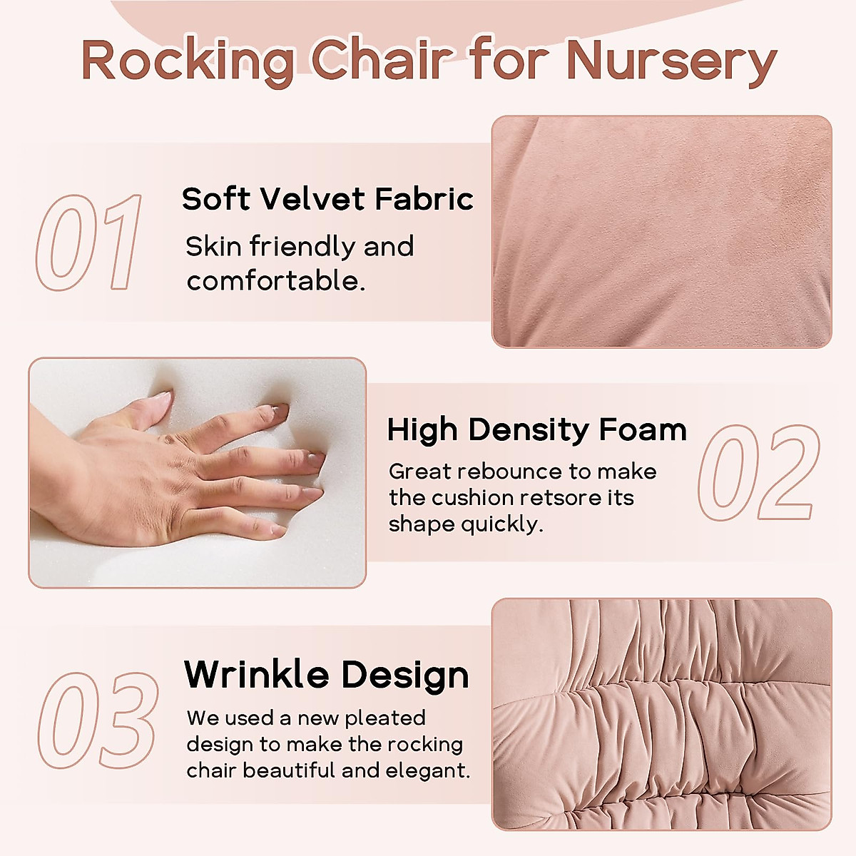 NIOIIKIT Nursery Rocking Chair, Velvet Upholstered Glider Rocker, Rocking Accent Chair with High Backrest, Comfy Rocking Accent Armchair for Living Room, Bedroom, Offices (Pink Velvet)