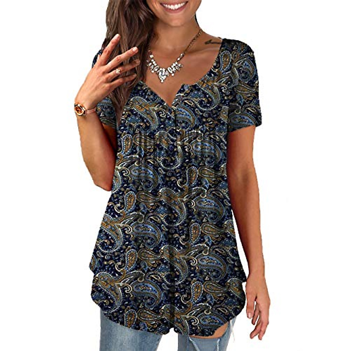 a.Jesdani Womens Short Sleeve Summer Tunic Tops Plus Size Blouses Dark Blue 1X
