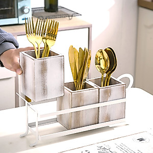NelyBet Silverware Caddy Utensil Organizer for Countertop, Flatware Caddy with Metal Rack, Wooden Utensil Cutlery Holder with 3 Compartment for Kitchen Decor and Party -White