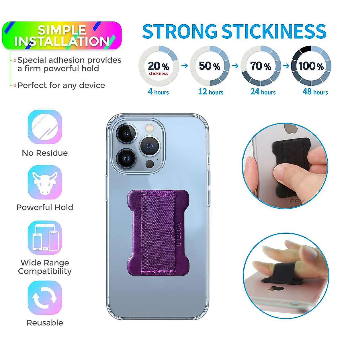 WUOJI Phone Loop Finger Holder,Cell Phone Finger Grip Strap Holder for Hand, Ultra Thin Anti-Slip Cell Phone Grips Band Holder for Back of Phone Compatible with Most Smartphones (Black Purple)