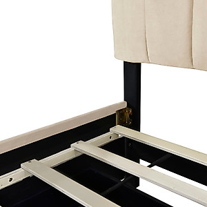 Merax Queen Upholstered Platform Bed with 2 Drawers and 1 Twin XL Trundle, Beige Wood Bed Frame Not Need A Box Spring