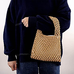 CHIC DIARY Handwoven Small Handbags for Women Cotton Crochet Clutch Purses Summer Beach Fishnet Tote Bags Wristlet Bags(Light Brown)