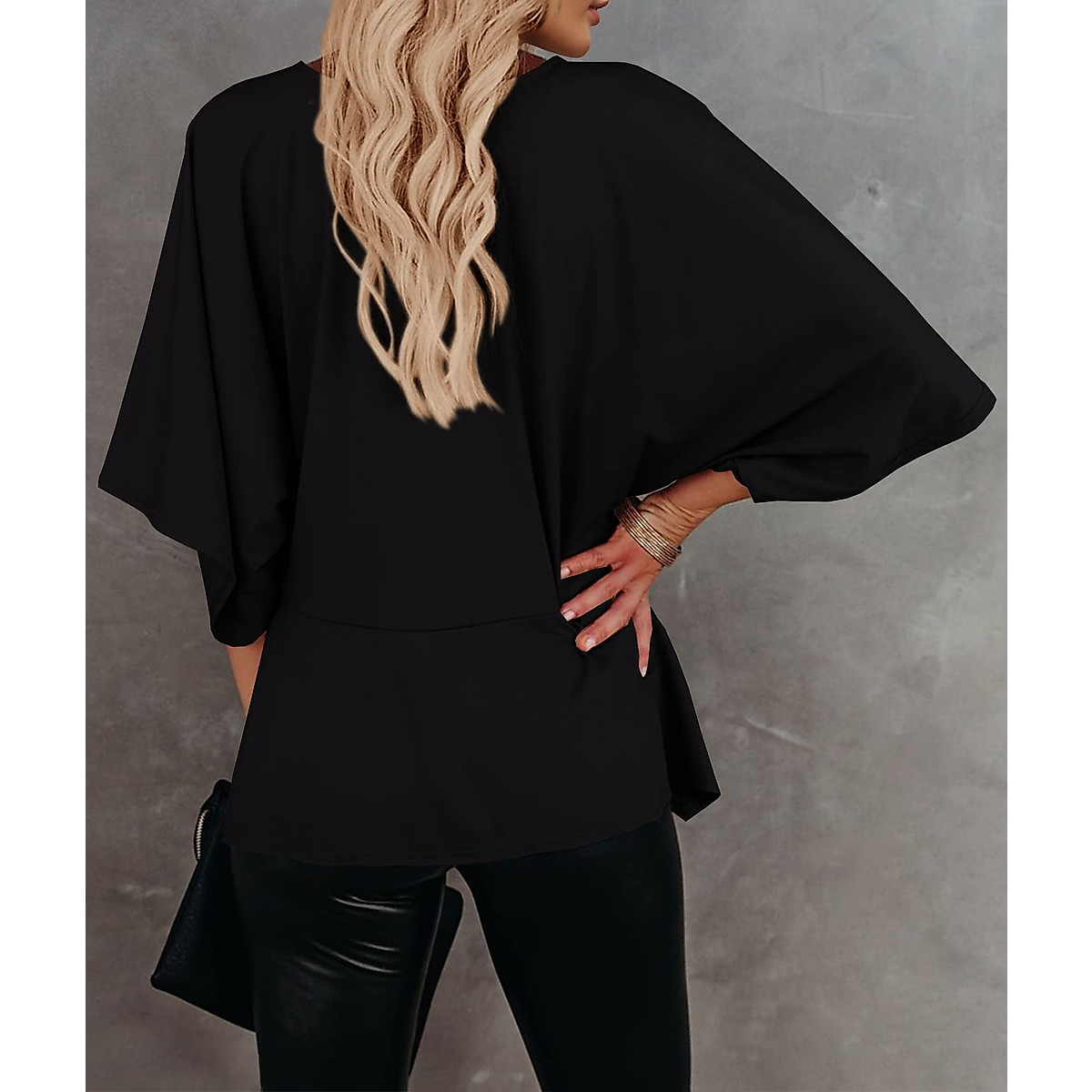 Womens V Neck 3/4 Bell Sleeve Blouse Tops Summer Loose Solid Kimono Shirt Patchwork Irregular Hem Tunic Black