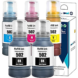 LCL Compatible Refill Ink Bottle Replacement for 502 T502 T502120 T502220 T502320 T502420 ET-2700 ET-2750 ET-3700 (5-Pack,2Black Pigment 127ML,CMY Dye 70ML)