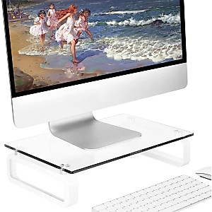 Hemudu Clear Computer Monitor Stand Riser Multi Media Desktop Stand for Flat Screen LCD LED TV, Laptop/Notebook, with Tempered Glass and Metal Legs, HD02T-001