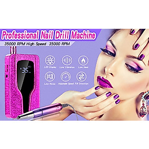 Professional 35000 RPM Nail Drill , Rechargeable Electric Nail File Machine E File for Acrylic Nails Gel Polishing Removing, Portable Cordless Efile with Bits Kit for Manicure Salon Home Pink