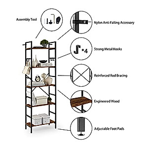 Luckyeestar 5 Tier Tall Bookshelf, Bookcase Shelf Storage Organizer, Modern Book Shelf for Bedroom, Living Room and Home Office, Wood & Metal (Rustic Brown)