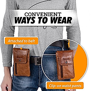 Hengwin Phone Holster Case with Belt Clip, Genuine Leather Belt Pouch Belt Case Cell Phone Holder for iPhone 14 Pro Max 11 Pro Max Xs Max XR 7 Plus 8 Plus 6s Plus (Fits Cellphone with Case On) (Brown)