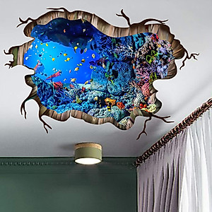 BOSUE SLLXG 3D Underwater World Wall Decal Home Floor Stickers Decor Vivid Fish Sea Turtle Broken Animals Art Wall Decal Under The Sea Bathroom Bedroom Decor Floor Sticker Nursery -80*120cm