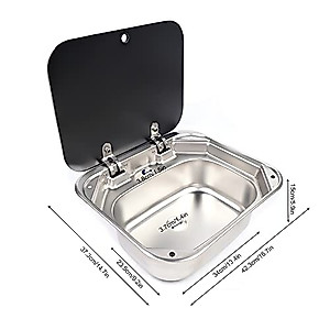 Outdoor RV Caravan Basin Sink,Stainless Steel Boat RV Caravan Camper Kitchen Basin Single Bowl Sink Hand Wash Cold and Hot Faucet Glass Lid for Camper Boating 16.53 x 14.56x 6.3inch (Rectangular Sink)