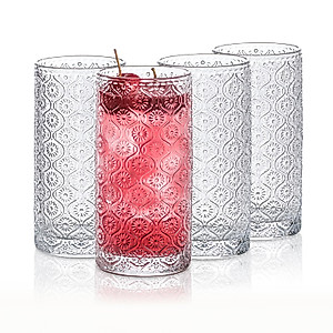 SoulTimes Glass Cups Vintage Glassware Set of 4, Drinking Glasses 12.5oz, Embossed Pattern Style Transparent Cocktail Glasses Set, for Ice Coffee,Juice,Beer,Bar Beverages,Drinkware, Transparent (L)