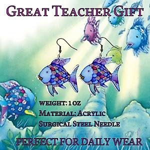 Rainbow Fish Earrings for Teachers, Educators, Librarians and more. Super cute Rainbow Fish Book Earrings for Women. Great Pair of Teacher Earrings for Back to School, Book Fairs, Reading Events and