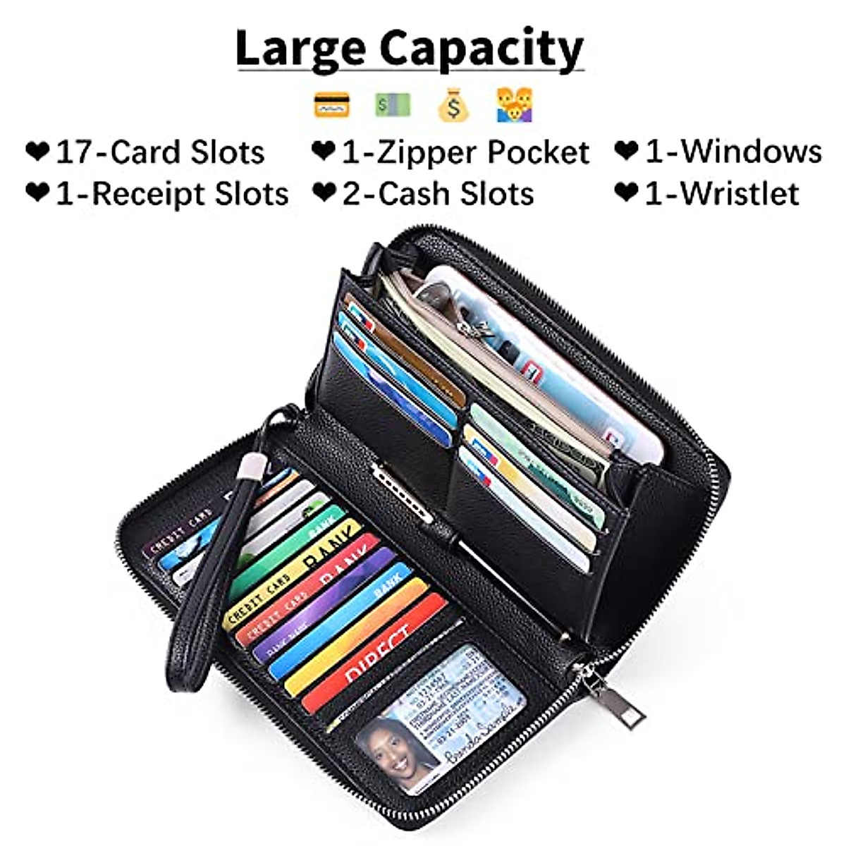 GOIACII Womens Wallet RFID Blocking Leather Zip Around Wallet Large Capacity Long Purse Credit Card Clutch Wristlet