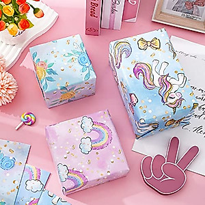AnyDesign 12 Sheet Unicorn Wrapping Paper 6 Designs Pink Blue Unicorn Rainbow Flowers Gift Wrap Paper Bulk Folded Flat Art Paper for Birthday Baby Shower DIY Gift Packing, 19.7 x 27.6 Inch