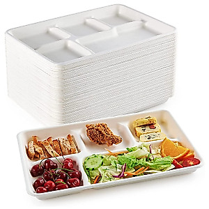 [500 Pack] 5 Compartment Trays, 100% Compostable Paper Plate tray, School Bagasse Lunch trays, Buffet, and Party, Disposable trays with 5 compartment, Biodegradable, Natural (4821011)