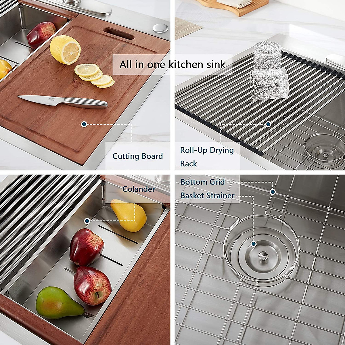 HERCATE 33" x 22" Drop in Kitchen Sink, 304T Stainless Steel Sink, Drop in Workstation Sink, Topmount Single Bowl Kitchen Sink with Integrated Ledge