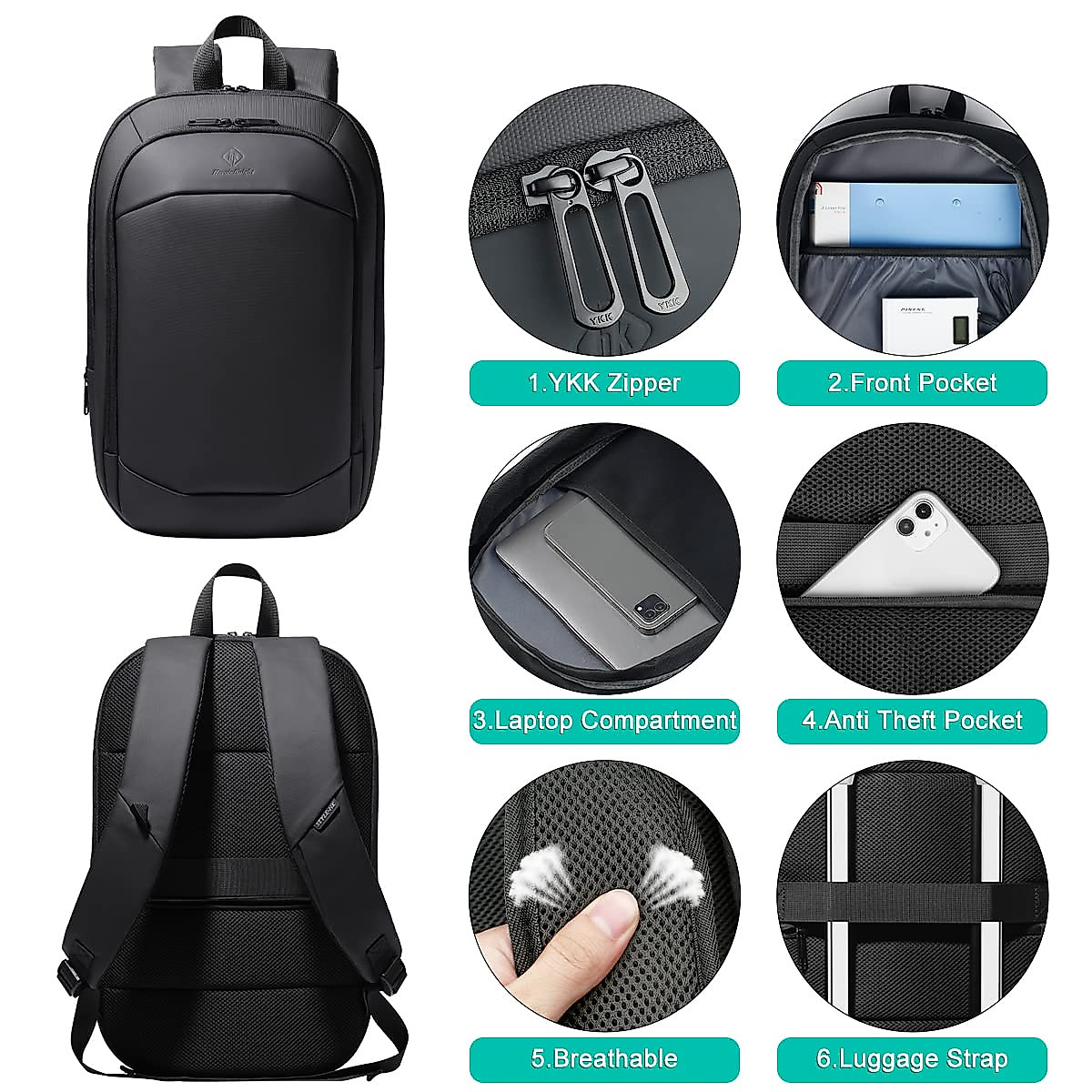 Laptop Backpack Work Business Slim Backpack 17'' Computer Men Women Expandable Lightweight Water-Resistant Durable Casual Daypack Anti-Theft USB Charging Port Bookbag for Travel College School-Black