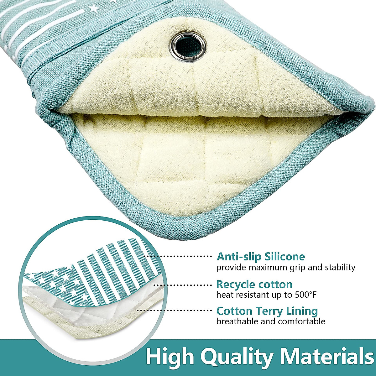 Yarn-Dyed Oven Mitts Silicone Printing and Kitchen Towels 4 pcs Set, Heat Resistant to 470 Degree, Non-Slip Kitchen Gloves/Pot Holders for Cooking Barbecue and Machine Washable (Khaki Oven Mitts)