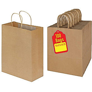Premium 10x5x13 Paper Bags with Handles - Pack of 100, Kraft Paper Bags Ideal for Shopping, Wedding, Business, Retail, Craft, Gifts & More - Durable, 100% Recyclable Brown Quality Bags