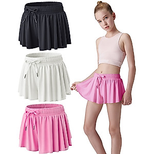 3 Pack Girls Flowy Shorts with Spandex Liner 2-in-1 Youth Butterfly Skirts for Fitness, Running, Sports (Set 2, Youth X-Small)