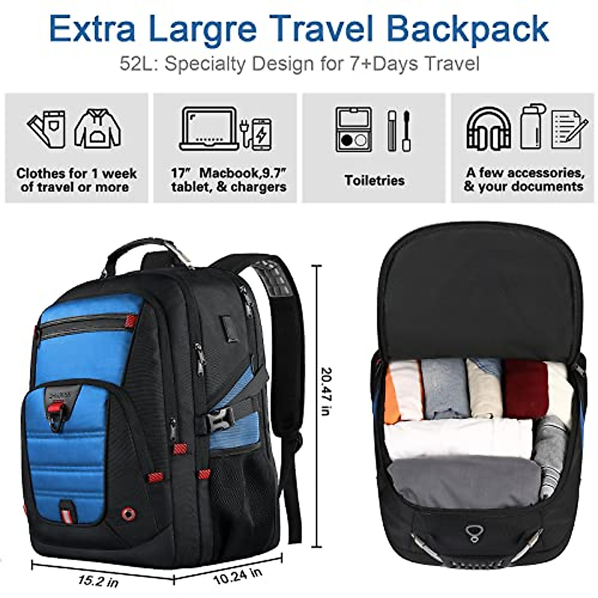 Big Backpack for Travel, Extra Large Laptop Backpack, Anti-Theft Computer Backpack 50L for Women Men, Waterproof Heavy Duty Backpack 17.3 Inch with USB Port, College Business Work Daypack, Lake Blue