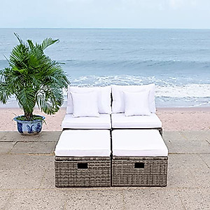 SAFAVIEH Outdoor Collection Pramla Grey Brown/White Cushion Settee with Storage Ottoman (Set of 2) PAT7515C