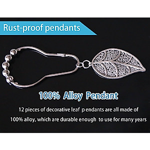 Yuiviot Shower Curtain Hooks Rings【12pack】, Silver Leaves Decorative Alloy Pendants, Rust Proof Stainless Steel Hooks for Bathroom Rod, Anti-Corrosion Hanger, Nickle Brushed Heavy Duty Roller