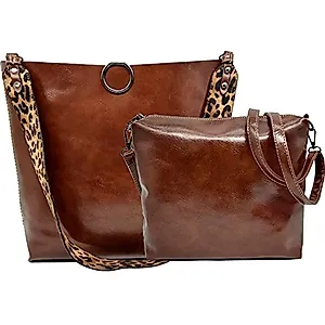 FiveloveTwo Ladies Women 2Pcs Handbag Leopard Print Shoulder Crossbody Bag PU Leather Totes Hobo Purse Clutch Brown