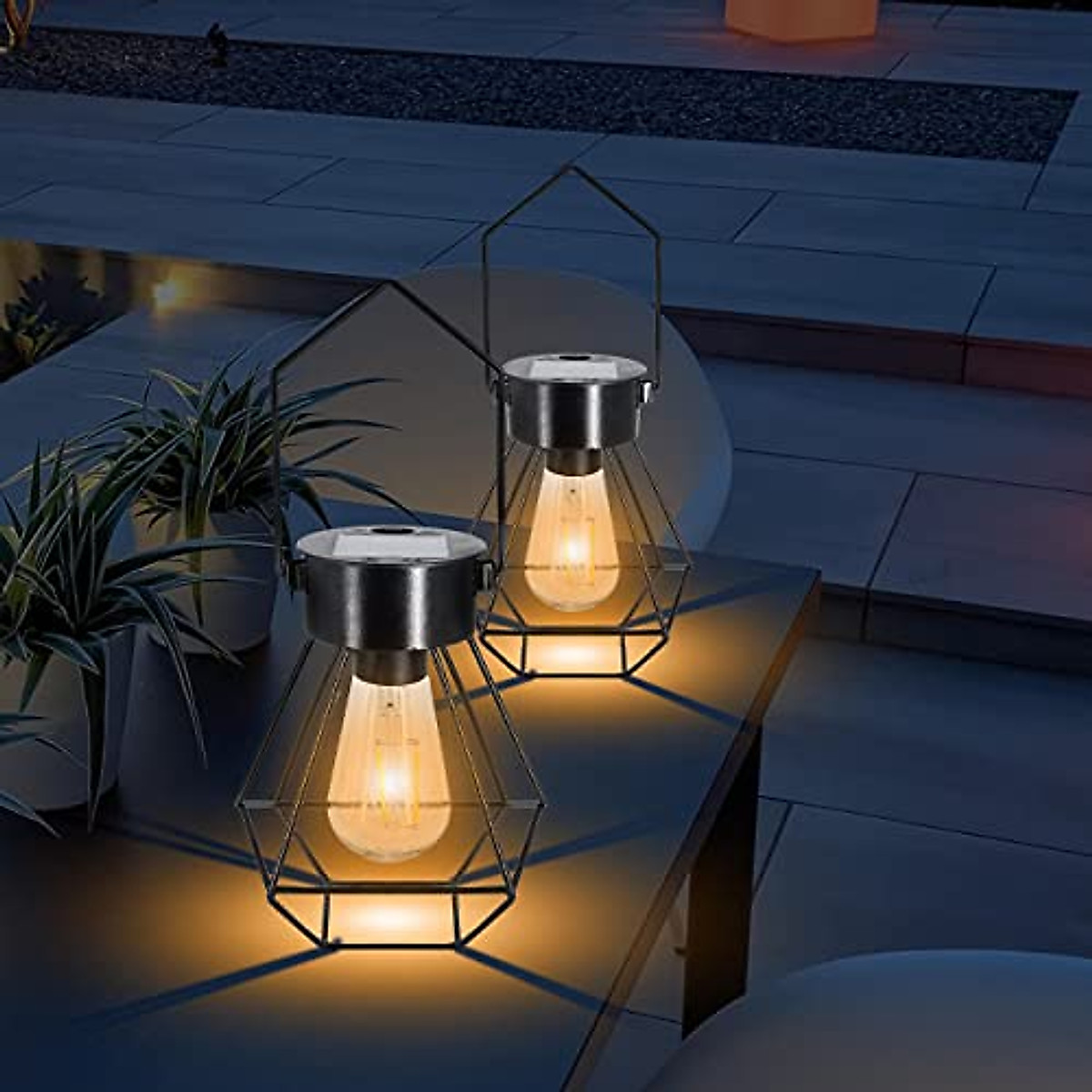 Hanging Solar Lanterns Outdoor Decor - 2 Pack Solar Decorative Table Lights with Edison Bulbs for Patio Waterproof (Black)