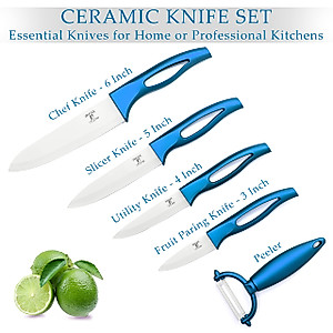 Moss & Stone Kitchen Cutlery White Ceramic Knife Set, Ceramic Knife Set and Fruit Peeler, Rust Proof & Stain Resistant, Kitchen Cooking Knife Set 5 pieces Blue Knives