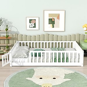 UOCFYK Full Size Floor Bed with Fence and Door for Kids Bedroom,Montessori Wood Floor Bedframe for Boys, Girls,Easy to Assemble,No Box Spring Needed,White