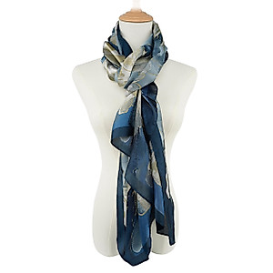 YOUR SMILE Large Mulberry Silk Feeling Long Stain Scarf Lightweight Sunscreen Shawls Wraps for Women (03 Blue/Oil Paingting Flower)