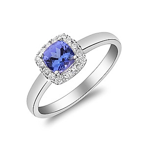 Gin and Grace 10K White Gold Genuine Tanzanite Ring with Diamonds for women | Ethically, authentically & organically sourced (Cushion-cut) shaped Tanzanite hand-crafted jewelry for her