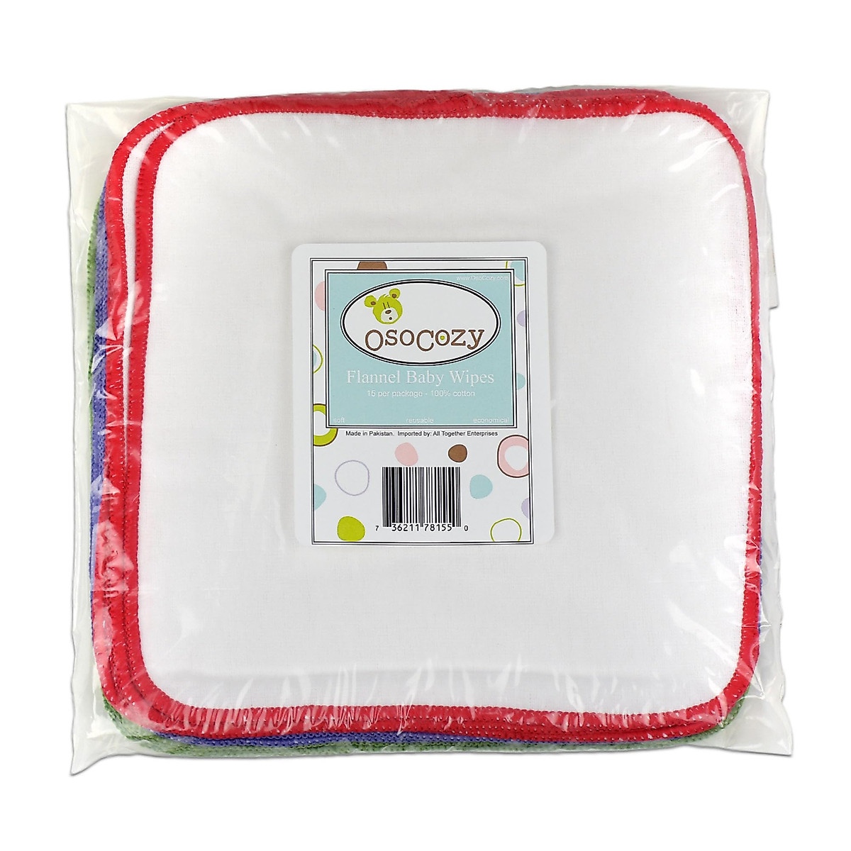 OsoCozy Flannel Cloth Baby Wipes - Reusable & Washable Saves Money - White 100% Cotton - Soft and Durable - Colorful Stitching - 8 x 8 inches, 15 Count (Pack of 1)