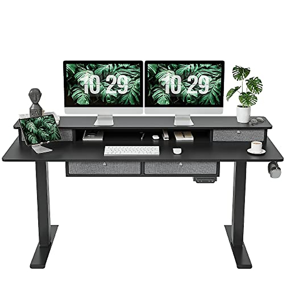 FEZIBO Sturdy Height Adjustable Electric Standing Desk with Drawers, 63 x 24 Inch Stand Up Table with Large Storage Shelf, Sit Stand Desk, Black Top