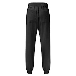 Mens Casual Pants with Elastic Waistband White Linen Pants Drawstring Elastic Waist Skinny-Fit Solid Loose Trousers Fashion Casual Double Pockets Pants Black 2X